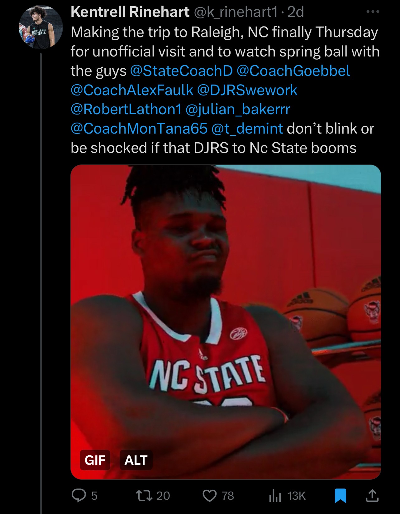 4-Star RB Kentrell Rinehart is Visiting NC State Today