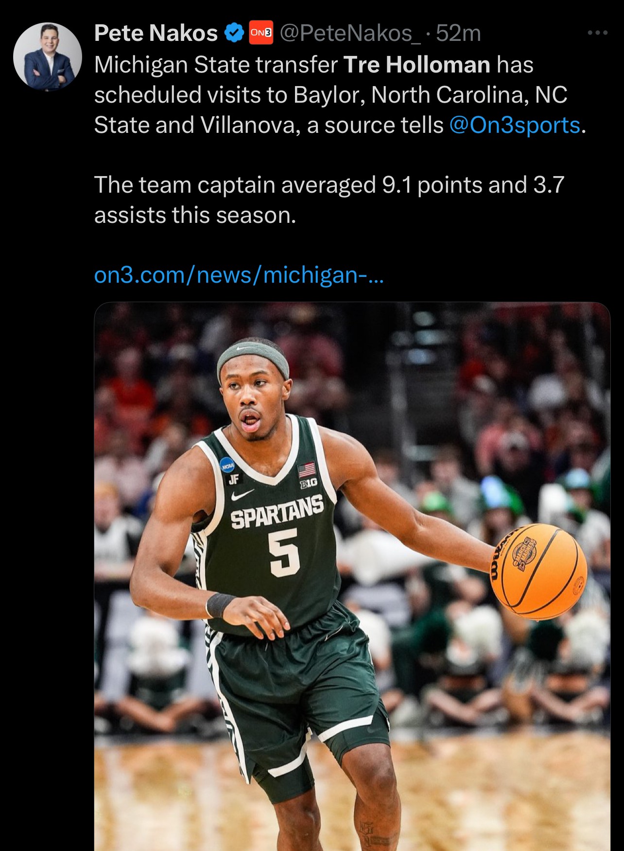 Michigan St. Transfer PG Tre Holloman is Set to Visit NC State