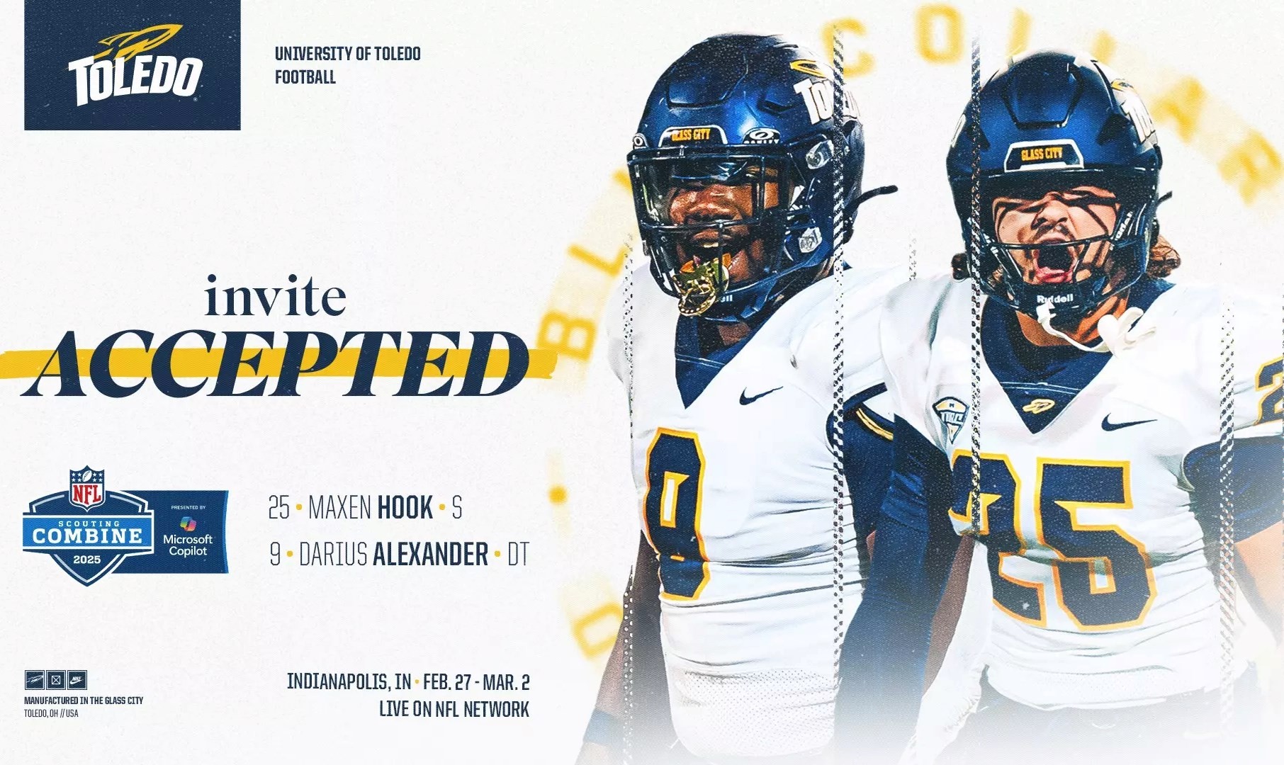 Toledo's Alexander, Hook Accept Invitations to NFL Draft Combine