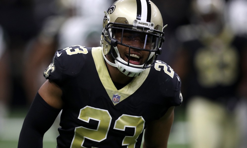 WATCH: Marshon Lattimore intercepts Matt Ryan with his butt